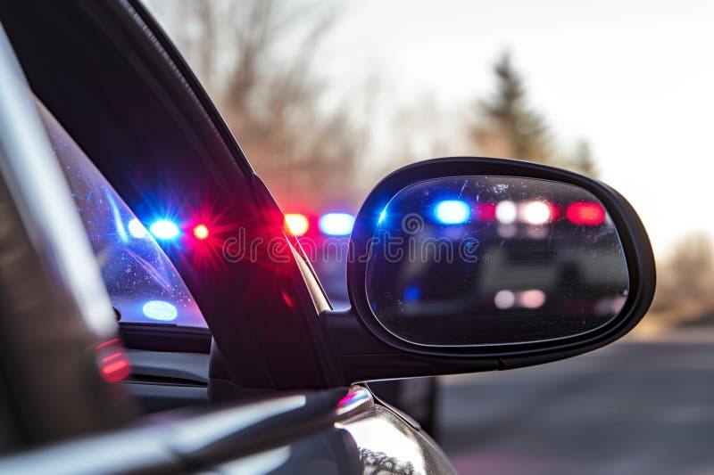 Closeup of Suspects Car Mirror, Police Lights in Reflection Stock Photo ...