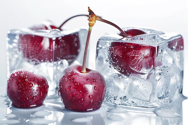 Closeup Sweet Red Berries Cherry Frozen in an Ice Cube on White ...