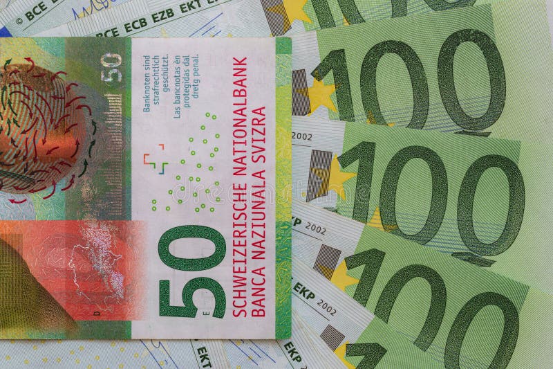 Closeup of 50,Swiss Franc Banknote and 100 Euro Banknotes Stock Photo ...