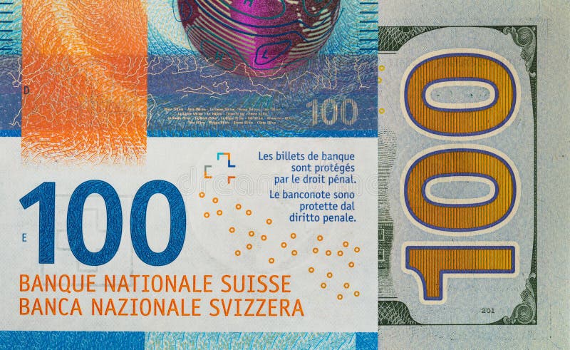 Closeup of 100 Swiss Franc and 100 Dollar Banknotes Stock Photo - Image ...