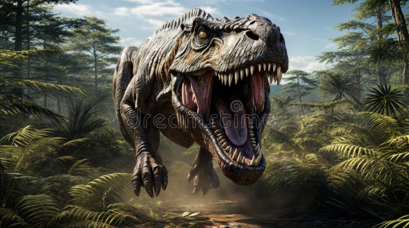 Closeup of T-Rex Jaw with Sharp Teeth Roaring and Running Fast on a ...