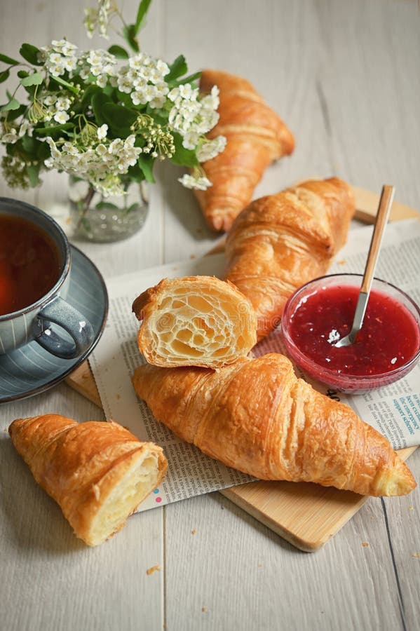 Closeup Table with Baked Croissant and Tea Stock Photo - Image of ...