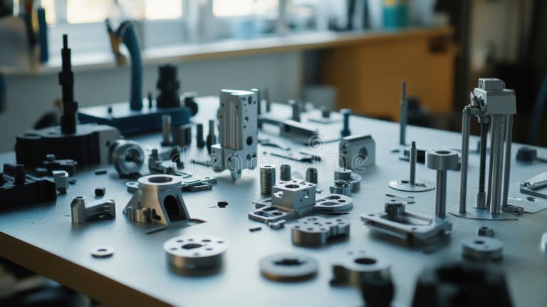 Closeup of a Table Cluttered with Various Prototype Molds and Tools ...