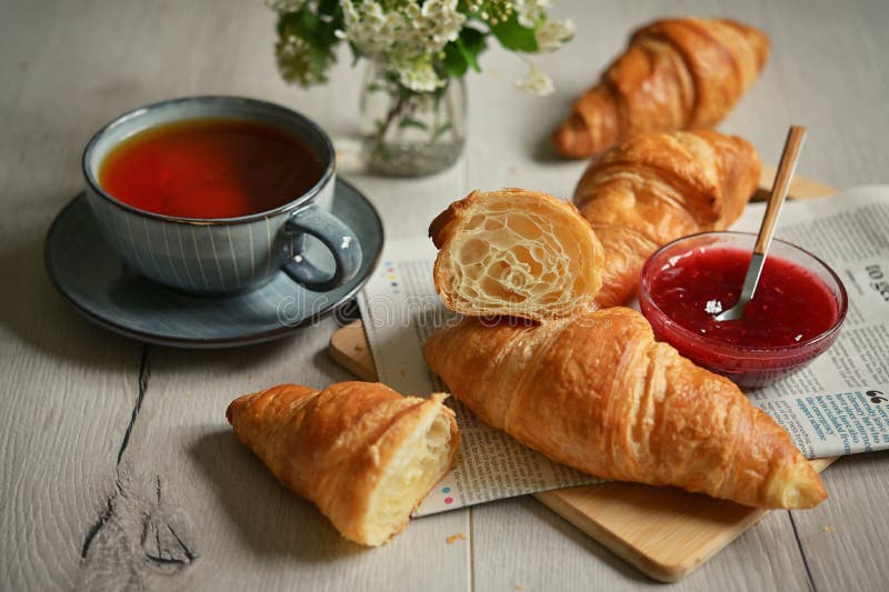 Closeup Table with Fresh Baked Croissant and Tea Stock Photo - Image of ...