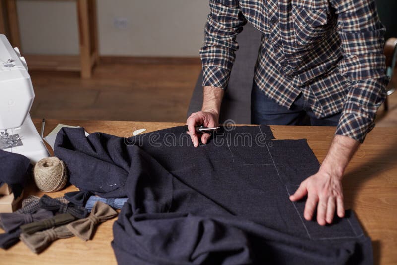 Closeup Tailor Cutting Wool Fabric. the Line Pattern Stock Image ...