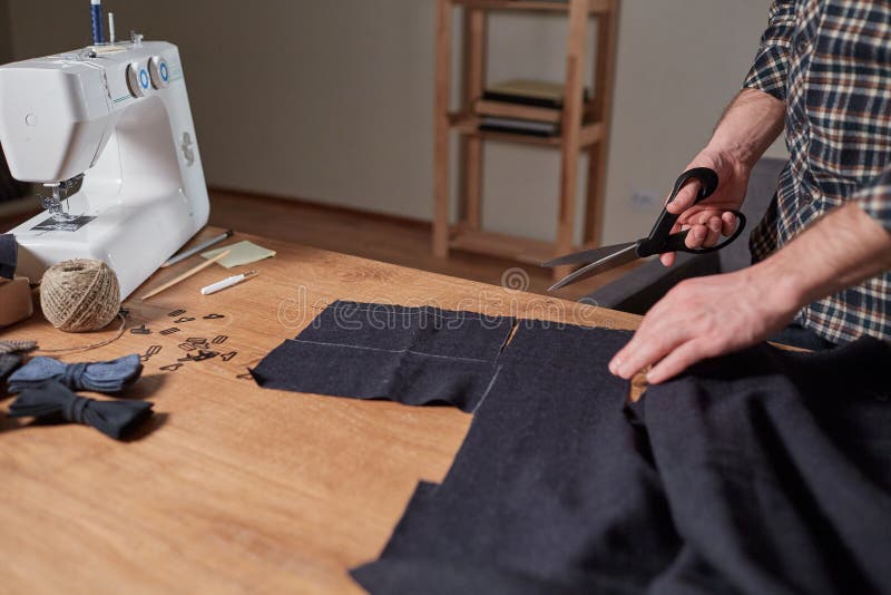 Closeup Tailor Cutting Wool Fabric. the Line Pattern Stock Image ...