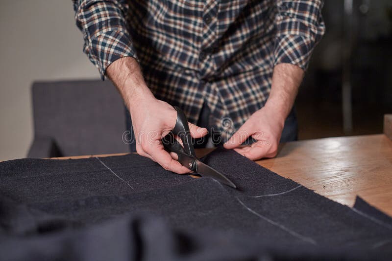 Closeup Tailor Cutting Wool Fabric. the Line Pattern Stock Image ...