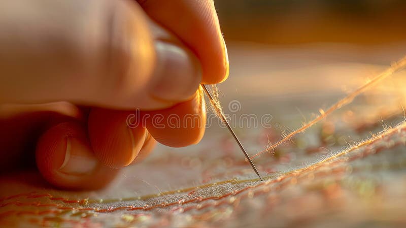 Closeup of Tailor Hands Holding Needle with Thread Stitching Textile ...