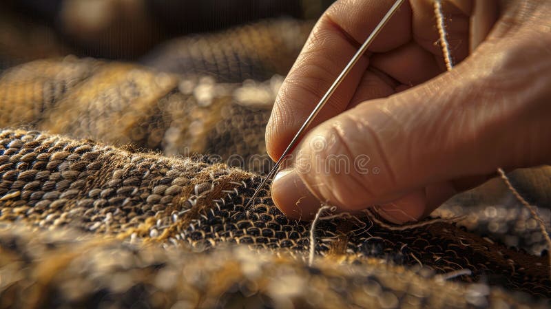 Closeup of Tailor Hands Holding Needle with Thread Stitching Textile ...