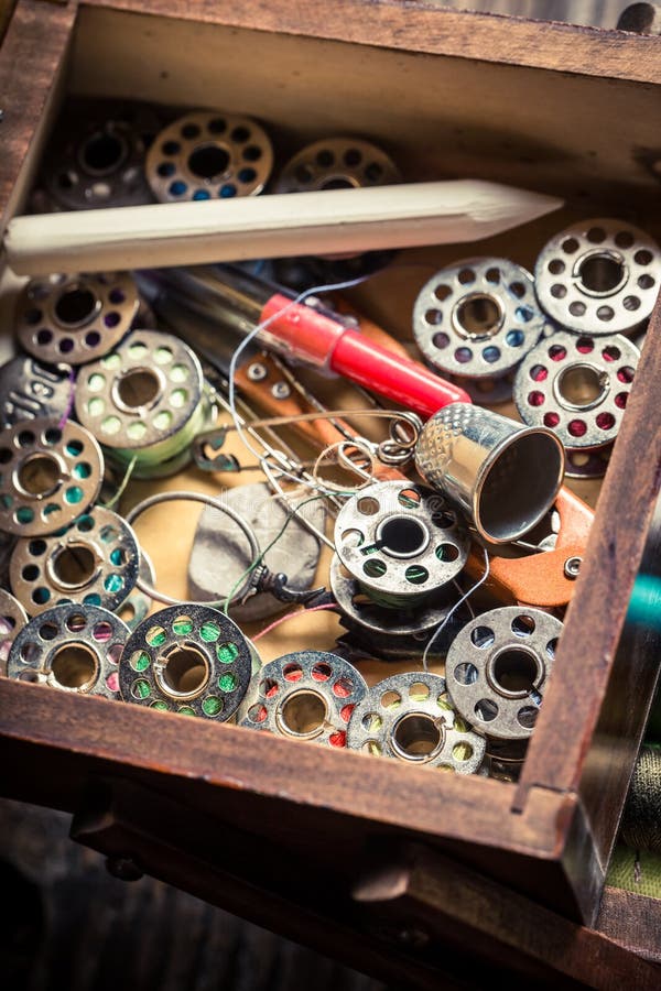 Closeup of Tailor`s Wooden Box with Needles and Threads Stock Photo ...