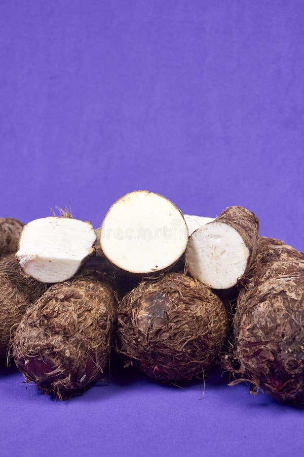 Closeup of Taro Root Vegetable, Eddo Malanga, Purple Background Stock ...