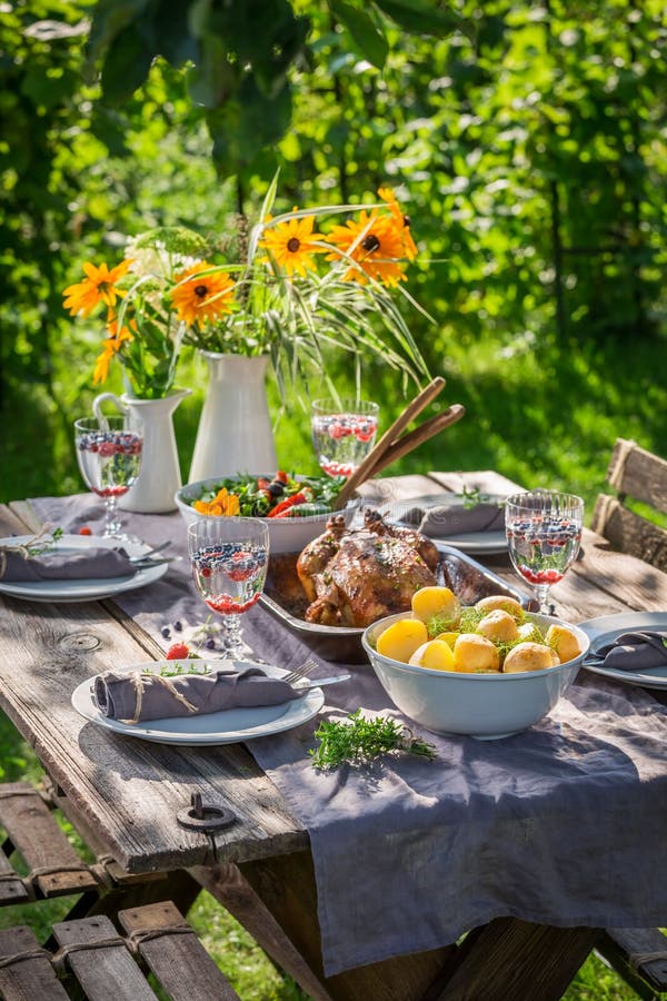 Tasty Dinner with Salad Served in Garden. Chicken for Dinner Stock ...