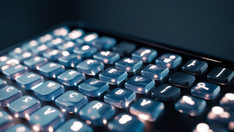 Closeup Teal Blue Illuminated Computer Keyboard Keys Letters Numbers ...