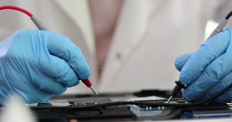 Technician Man S Hand Measuring Electrical Voltage of Mainboard Using ...