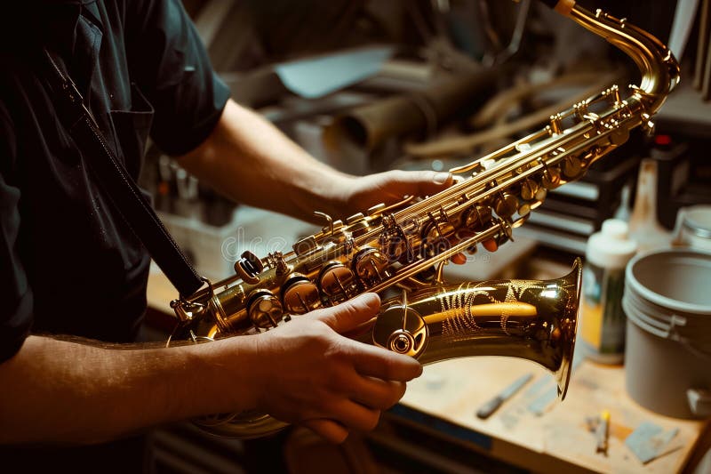 Closeup of Technician Tuning a Saxophone in a Workshop. Generative AI ...
