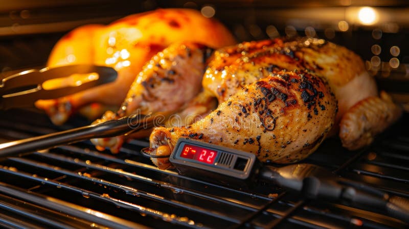 A Closeup of the Temperature Probe Inserted into a Juicy Chicken on the ...
