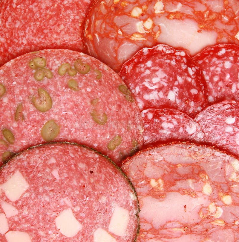 Closeup Texture of Thin Salami Slices Stock Image - Image of product ...