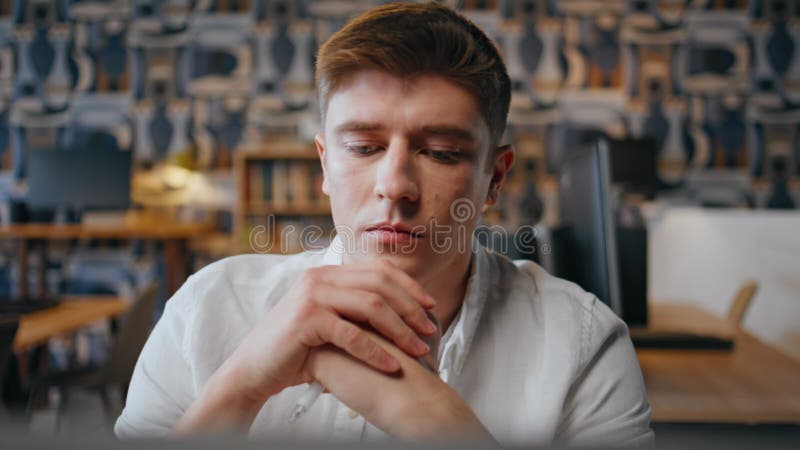 Closeup Thoughtful Man Pondering Tasks Holding Pen Office Closeup. Guy ...