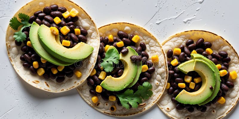 Closeup of Three Delicious Black Bean Tacos with Corn and Avocado Stock ...