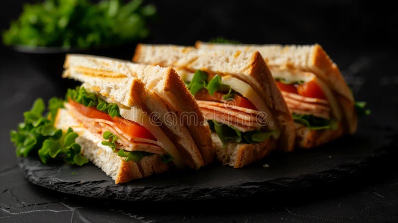 Closeup of Three Triangular Sandwiches with Tomato, Lettuce, and Ham on ...