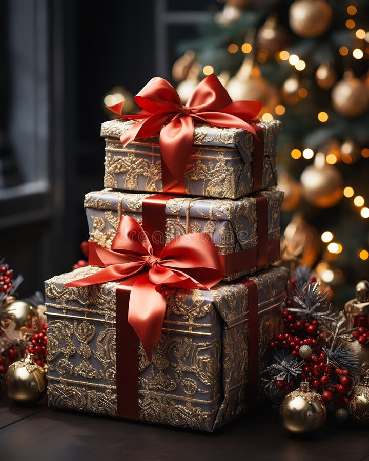 A Closeup of Three Wrapped Presents on a Table with a Treasure B Stock ...
