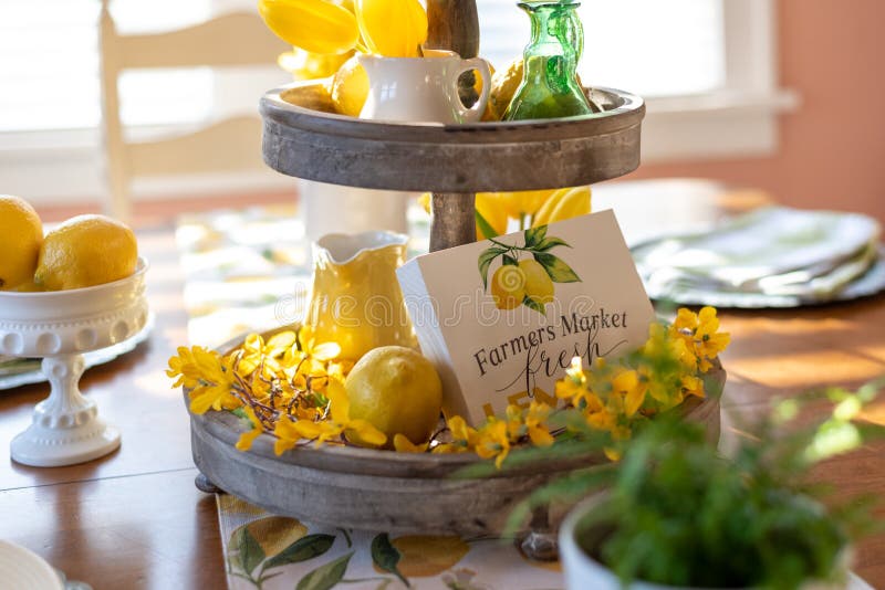 Closeup of Tiered Tray Decorated for Spring on the Dining Room Table ...