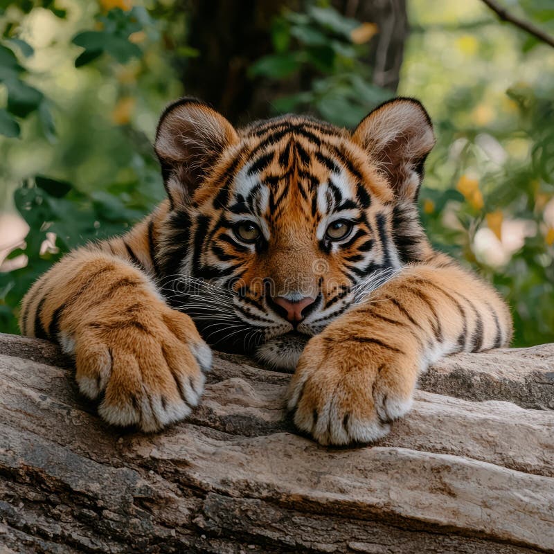 Closeup of a Tiger Cub Resting on a Log Stock Illustration ...