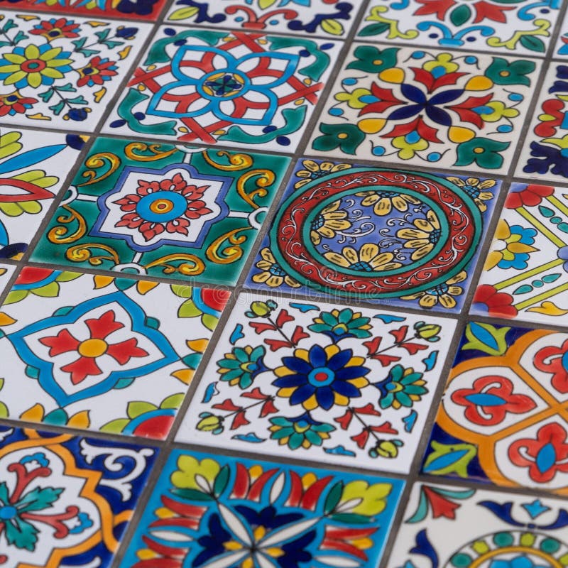 A Closeup of Tiles of Multicolored Patterns and Designs Stock Image ...