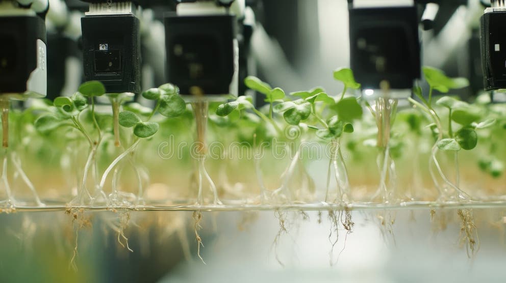 A Closeup of Tiny Delicate Roots Reaching Down into a Clear Nutrient ...