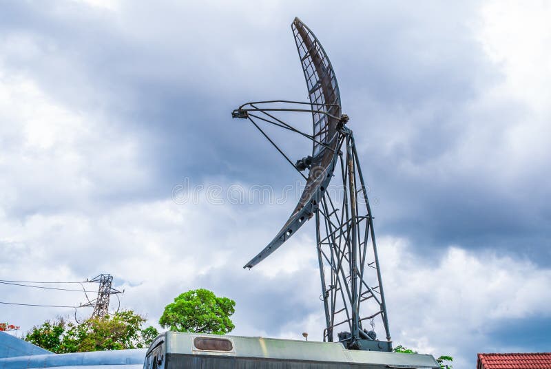 Closeup To Parabolic Military Mobile Communication Antenna Tower Stock ...