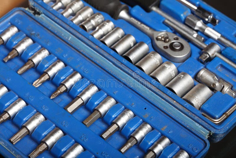 Closeup Toolkit Set of Manual Tools in Blue Box. Stock Image - Image of ...