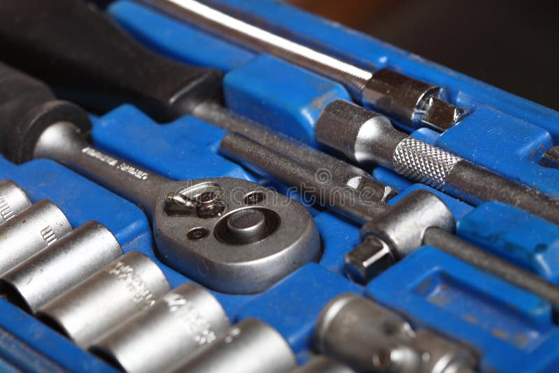 Closeup Toolkit Set Tools in Blue Box Stock Photo - Image of industrial ...