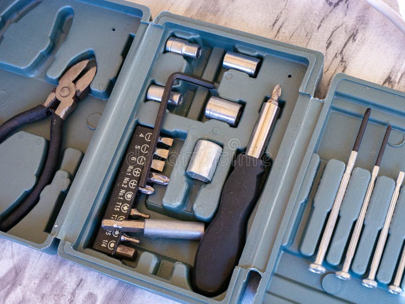 Closeup Toolkit Set of Manual Tools in Blue Box. Stock Image - Image of ...