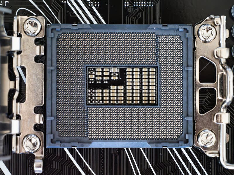 Closeup Top View of a CPU Socket on a Black Motherboard Stock Photo ...