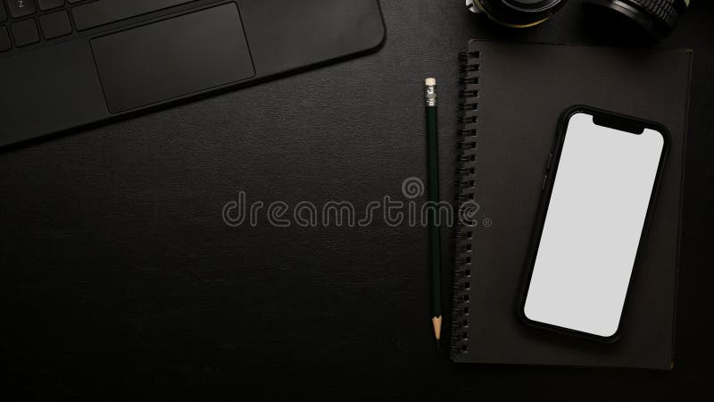 Closeup, Top View, Modern Dark Study Table, Smartphone Screen Mockup on ...