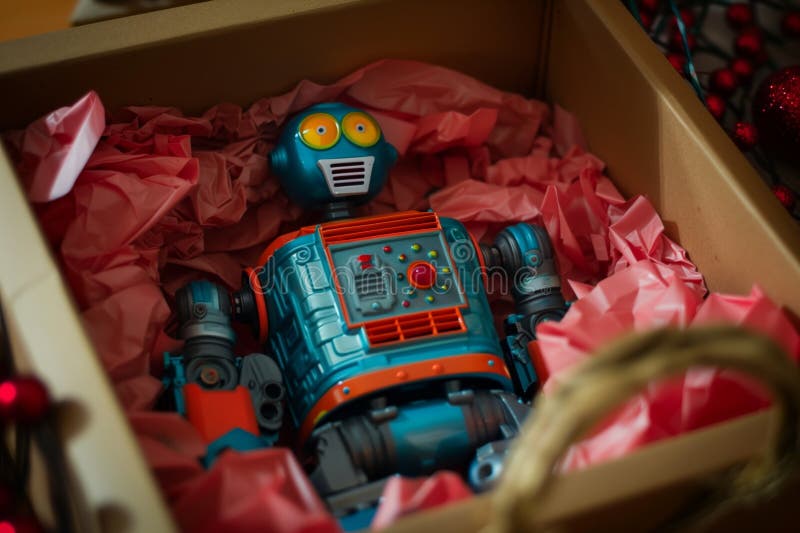 Closeup of a Toy Robot in a Bed of Tissue Paper Inside a Gift Box Stock ...