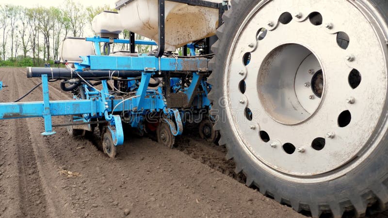 Closeup of Tractor with Seeder in the Field. Sowing of Corn, Maize in ...
