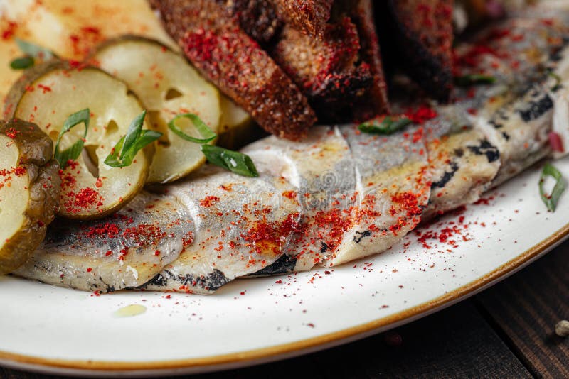 Traditional Russian Snacks with Herring and Pickle Stock Image - Image ...