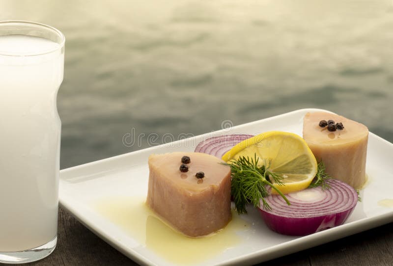 Closeup Traditional Turkish Appetizer Lakerda with Tuna, Lemons and a ...