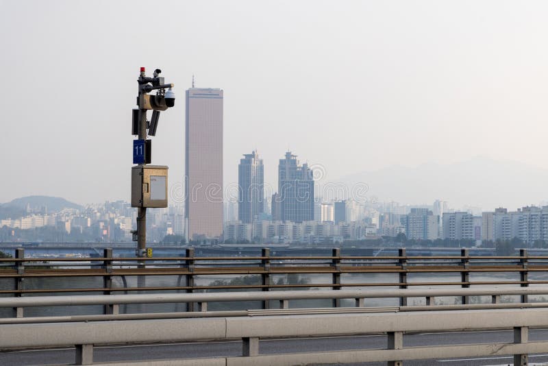 Security Camera on the Bridge Watching after the Car Traffic, and Speed ...