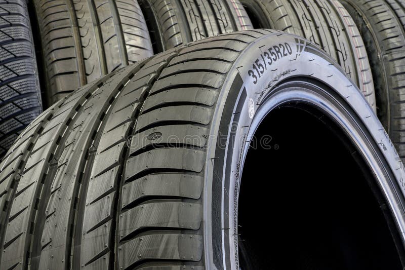 Closeup of the Tread of a Large Size High Performance Summer Tire Stock ...