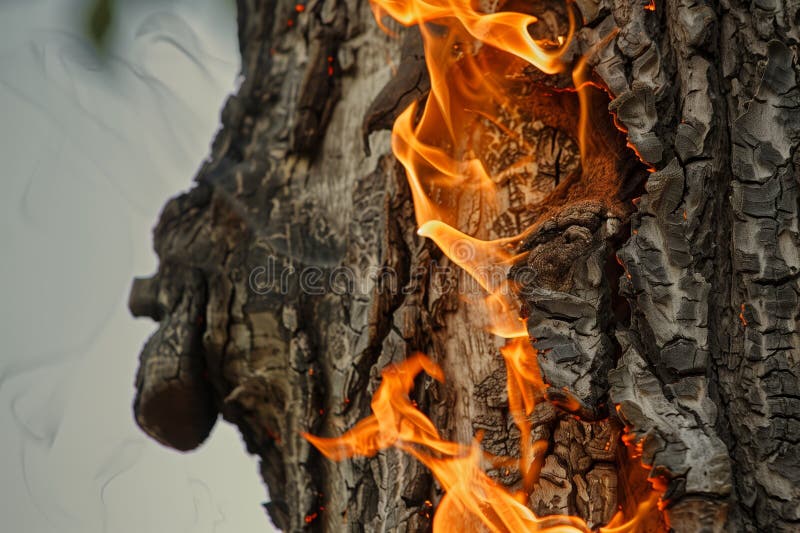 Closeup of Tree Bark Catching Fire, Flames Visible Stock Photo - Image of generated, emergency ...