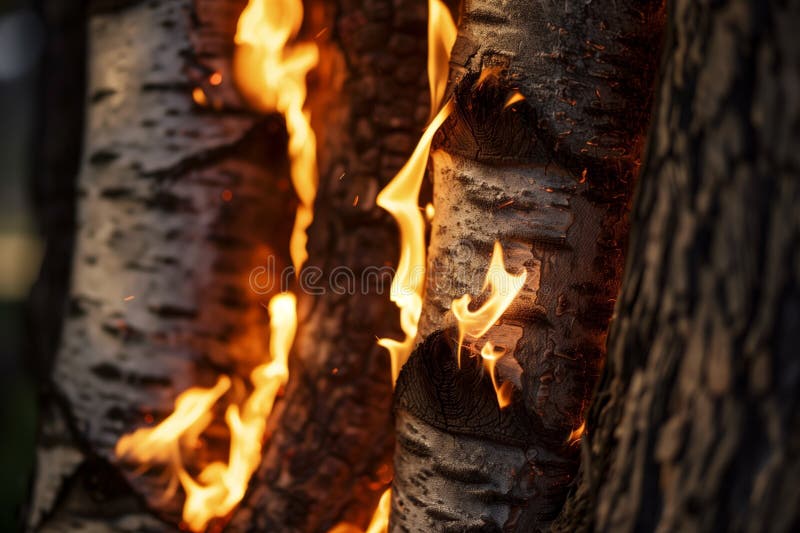 Closeup of Tree Bark Catching Fire, Flames Visible Stock Image - Image ...