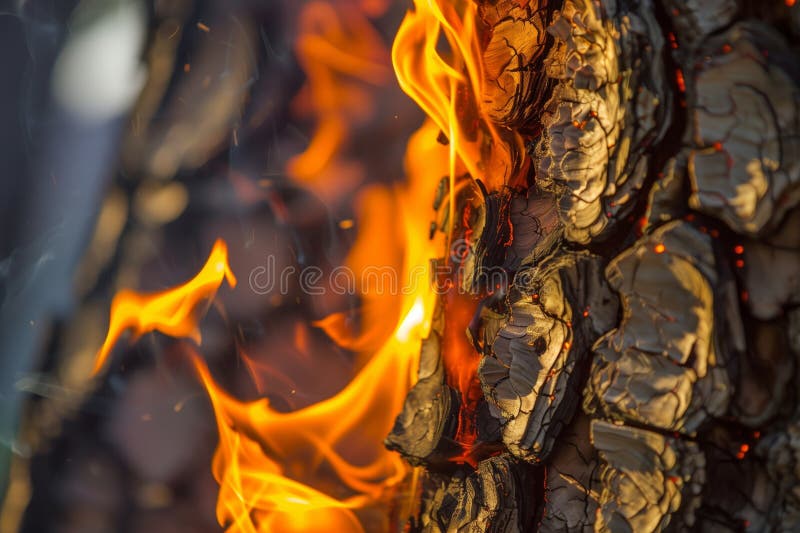 Closeup of Tree Bark Catching Fire, Flames Visible Stock Photo - Image of nature, generated ...