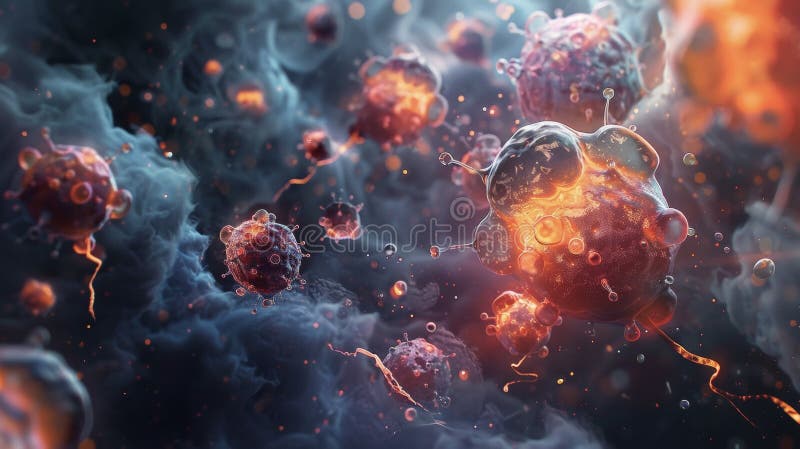 Closeup of a of Tumor Cells Under Attack by a Group of Powerful ...