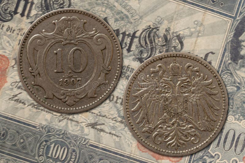 Closeup of Two Austro-Hungarian 10 Krone Coins from 1907 Stock Photo ...