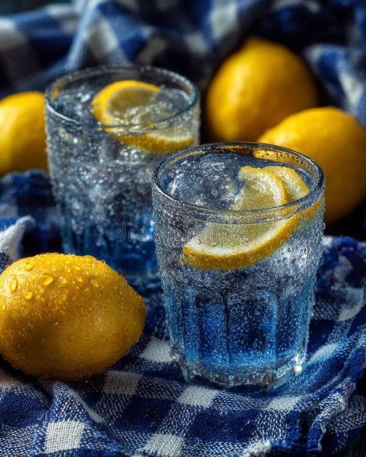 Closeup Two Glasses Sparkling Lemon Water Ice Stock Illustration ...