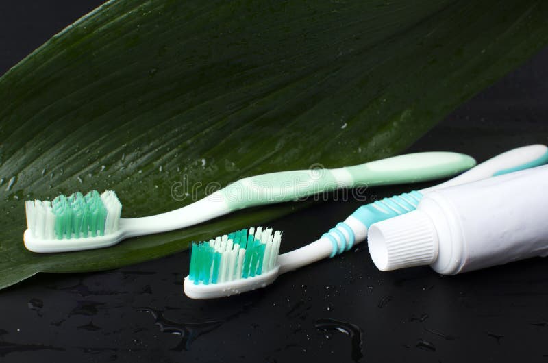 Closeup of Two Green Toothbrushes, Toothpaste and Green Wet Leaf on the ...