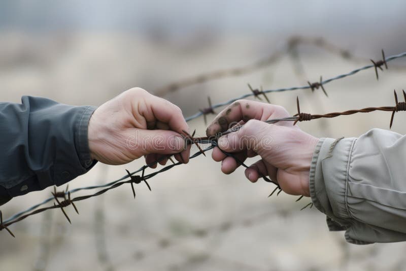 Closeup of Two Hands Pulling Apart a Barbed Wire Gap Stock Illustration ...