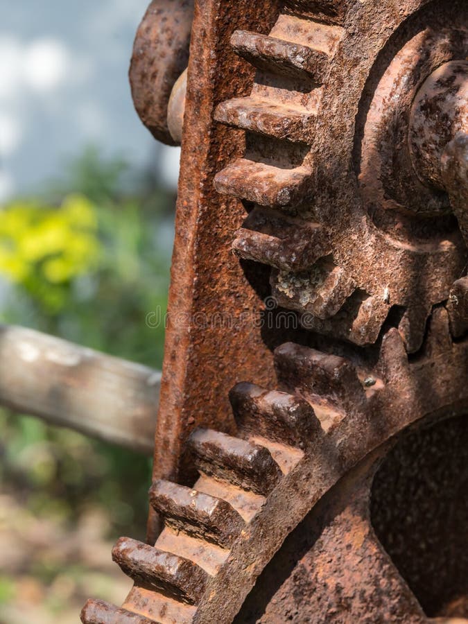 Closeup of Two Old Rusty Meshing Gears Stock Image - Image of connect ...